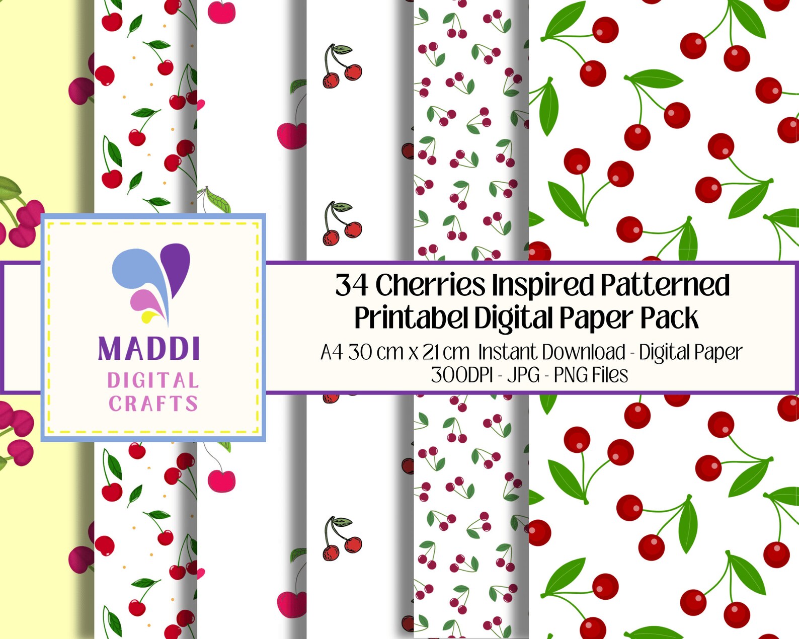 Colourful Cherry Patterned Digital A4 Downloadable Cherries Paper ...