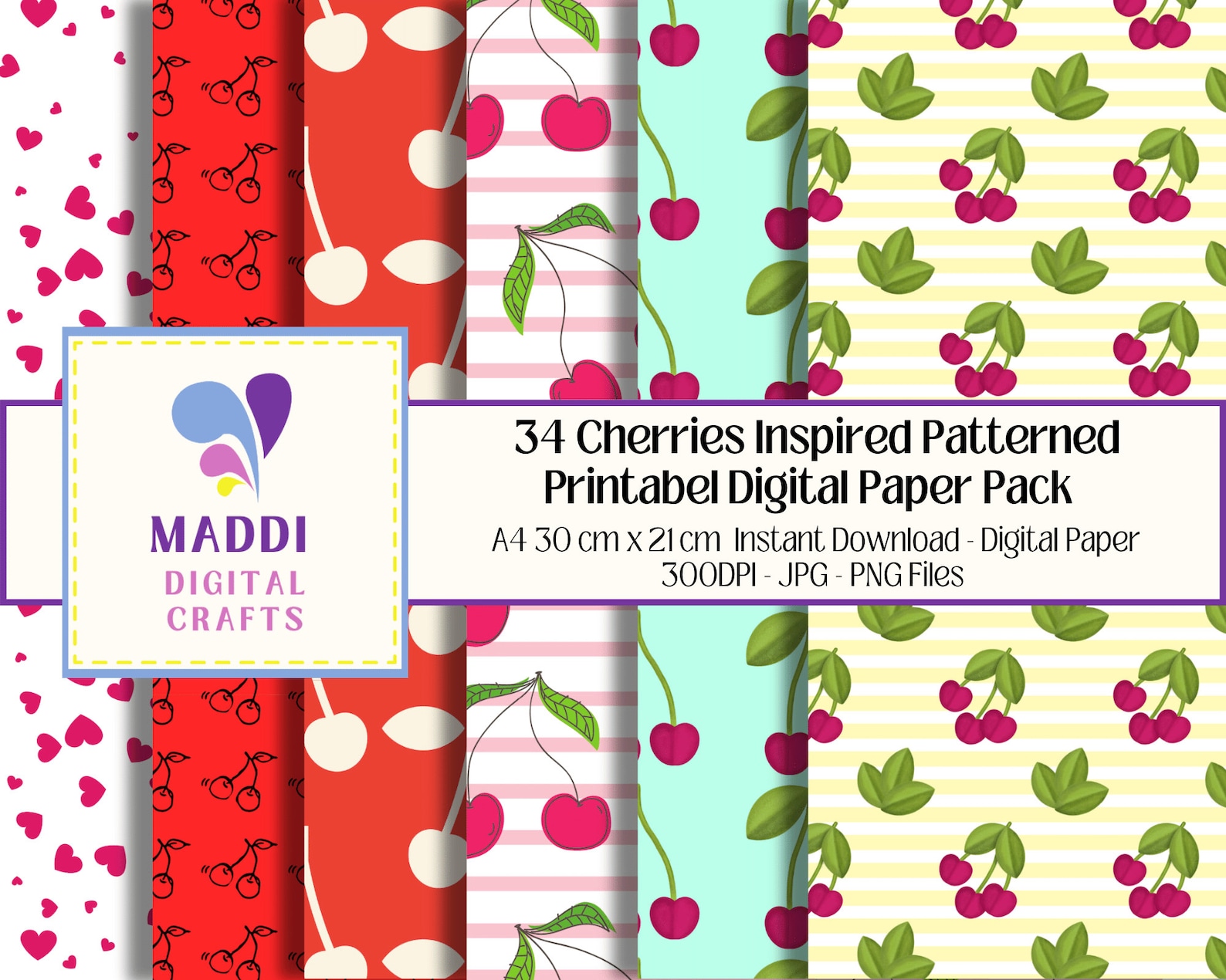 Colourful Cherry Patterned Digital A4 Downloadable Cherries Paper ...