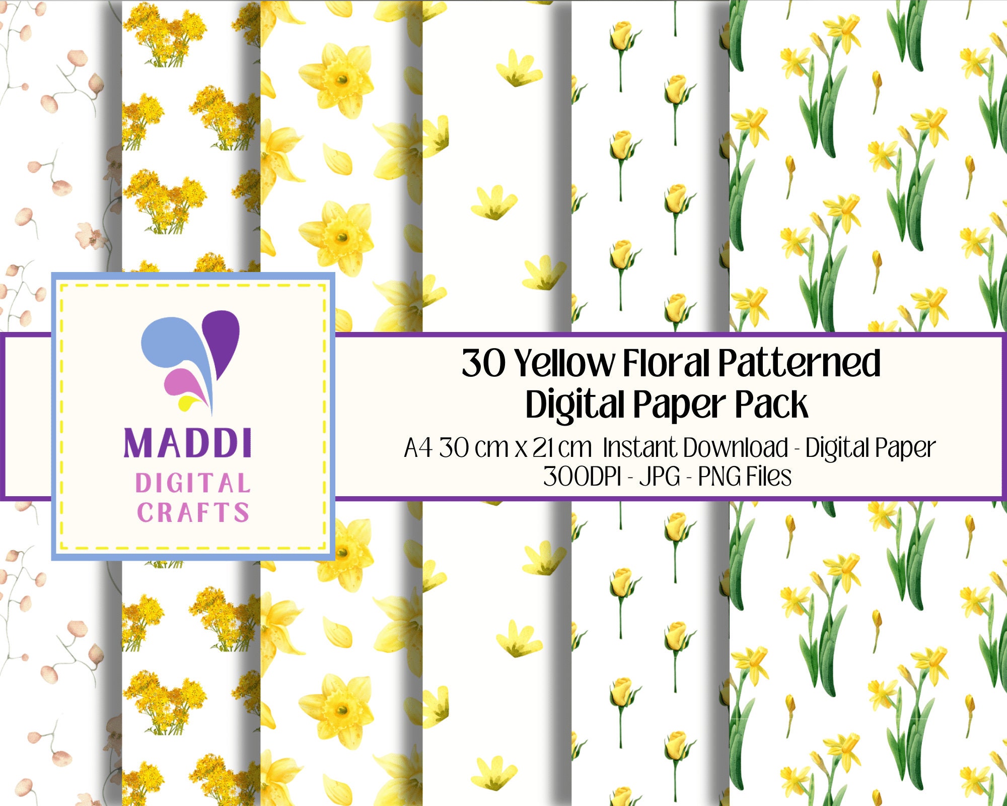 Yellow Flowers Themed Printable Paper Digital A4 Floral Downloadable ...