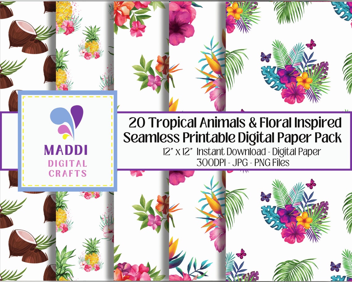 Tropical Floral Themed Seamless Digital Paper 12 X 12 Printable Exotic ...
