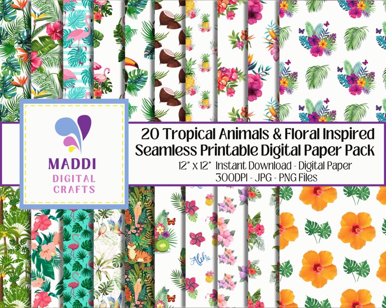 Tropical Floral Themed Seamless Digital Paper 12 X 12 Printable Exotic Animal Flowers Patterned ...