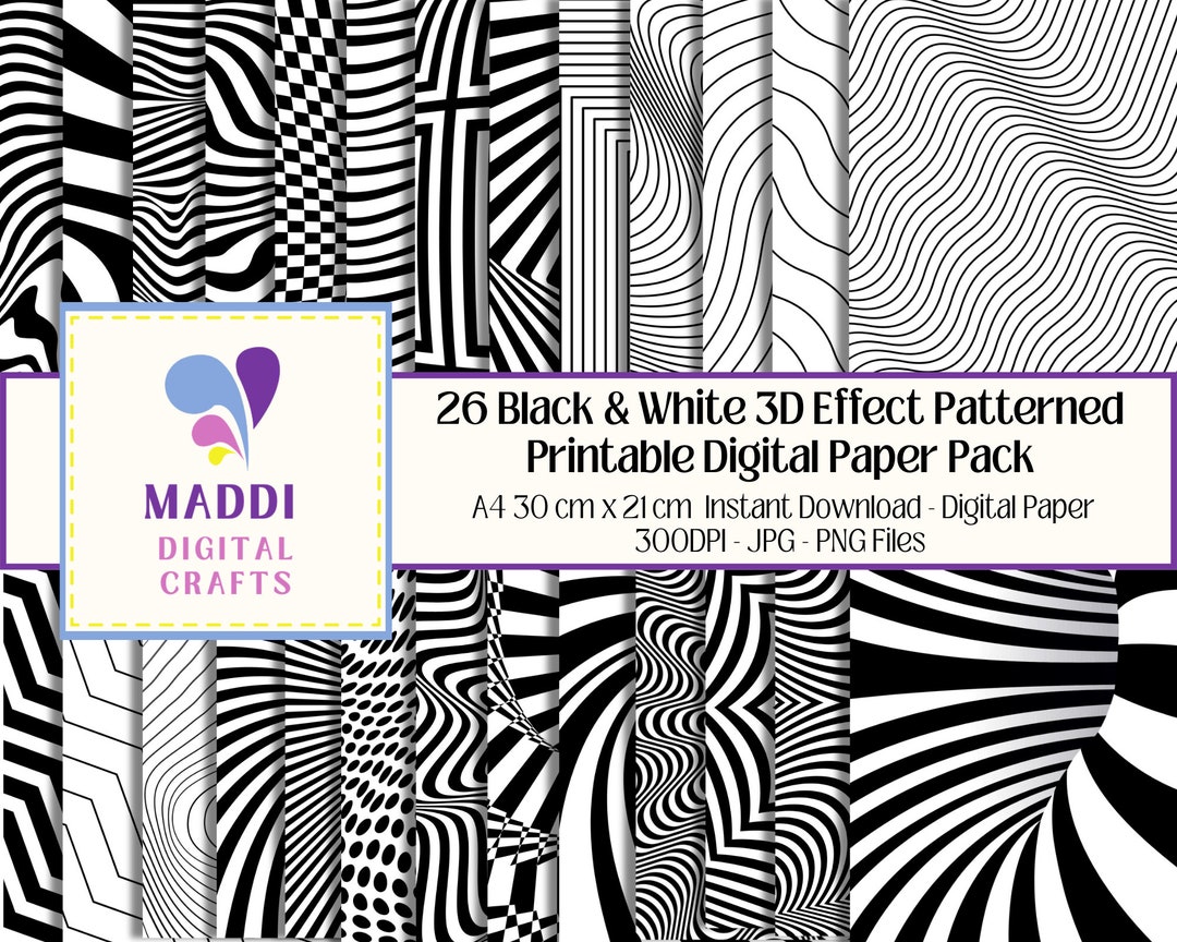 Black White 3D Effect Patterned Digital Paper Printable Card Making ...