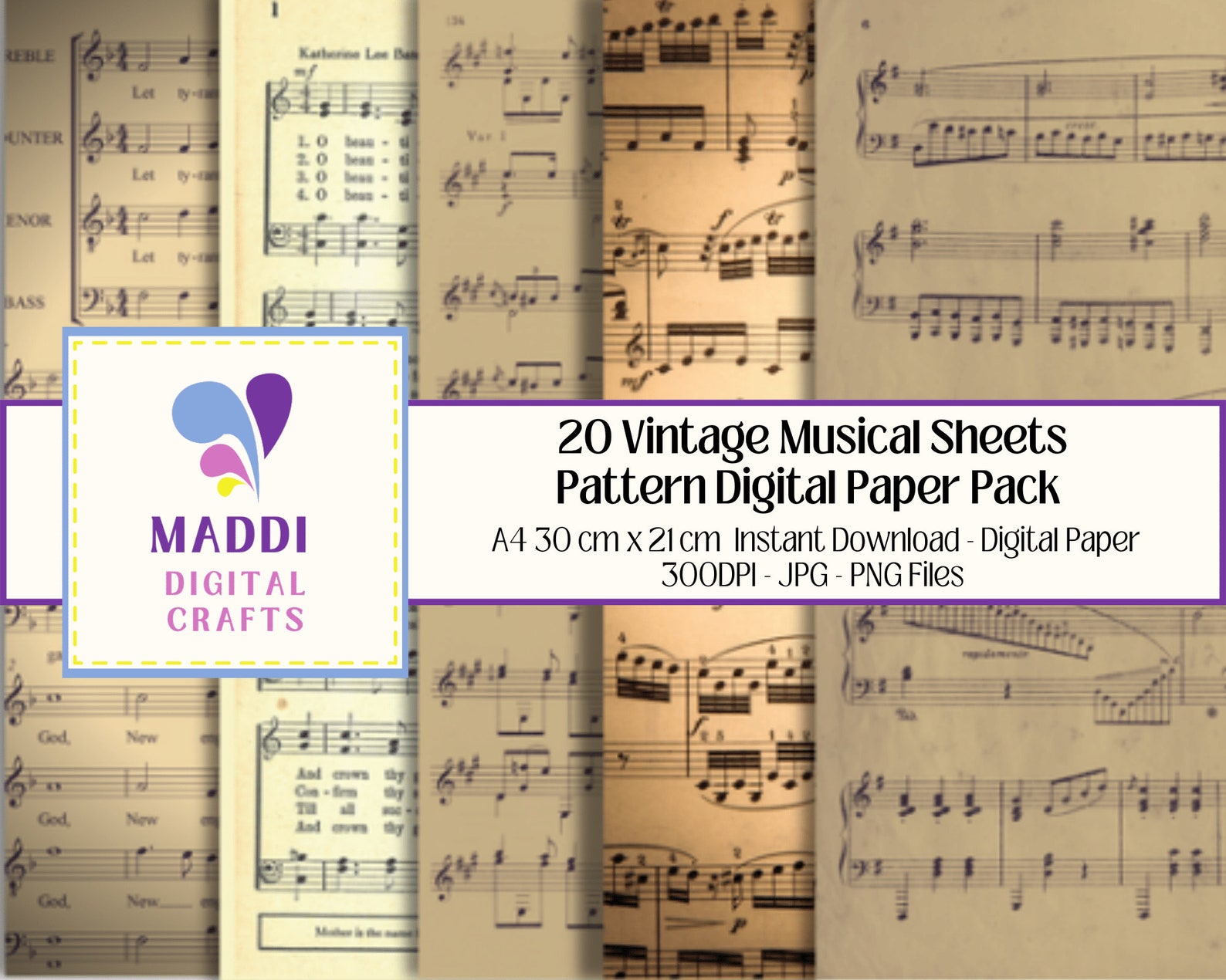 Vintage Music Sheets Digital A4 Downloadable Paper Musical Graphic ...