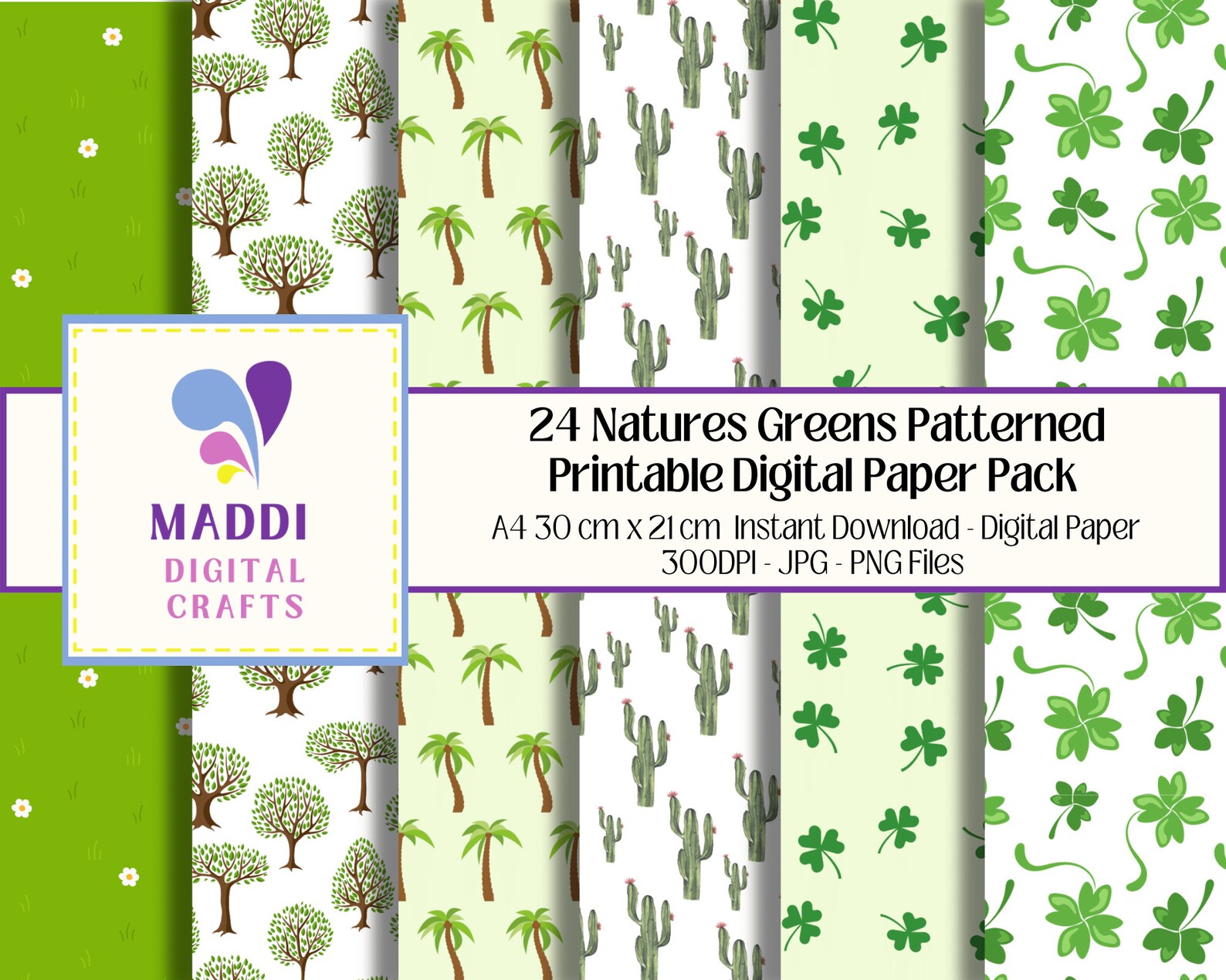Natures Greens Foliage Digital Paper A4 Downloadable Leaf Patterned ...