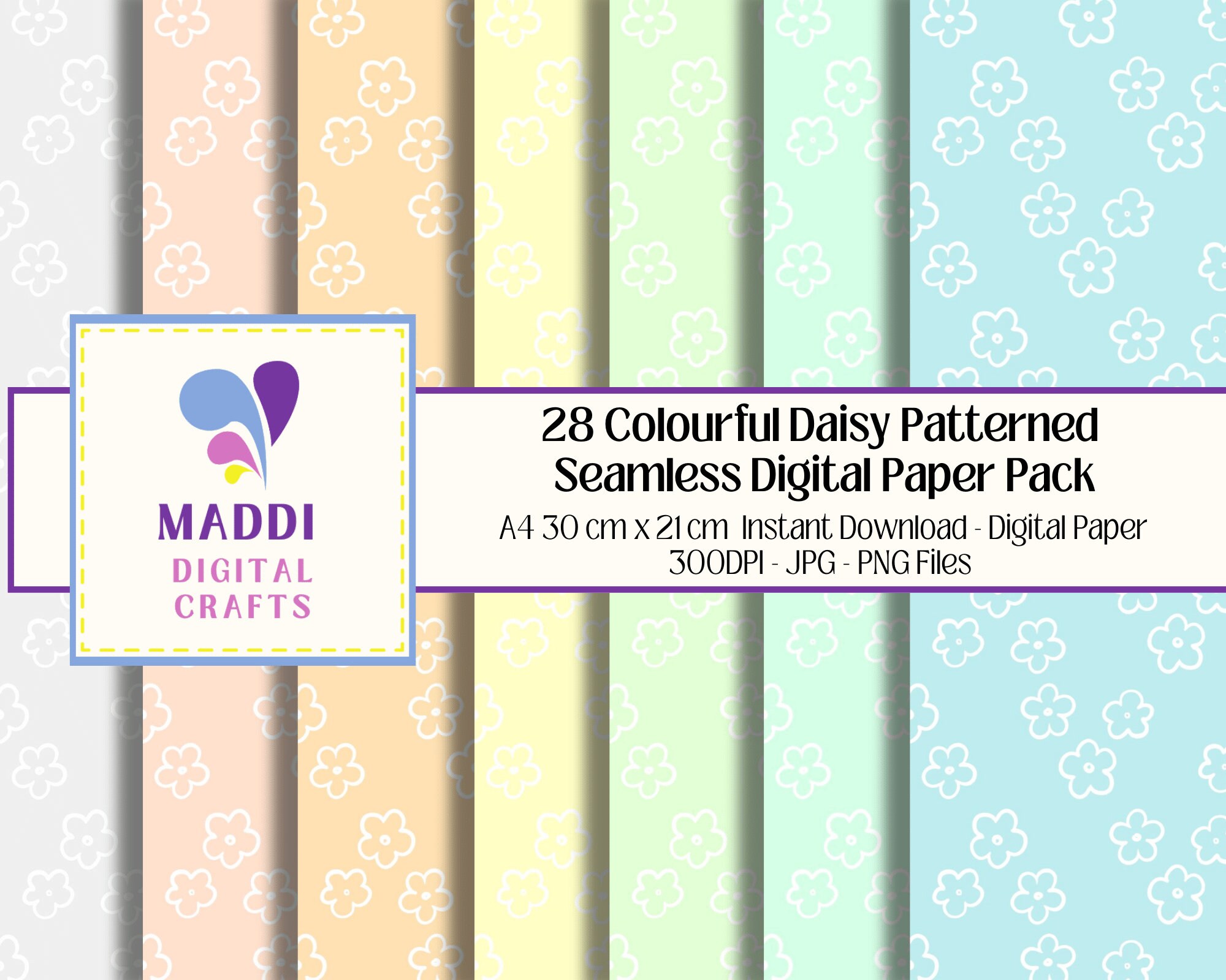 Colourful Daisy Flowers A4 Seamless Patterned Digital Paper ...