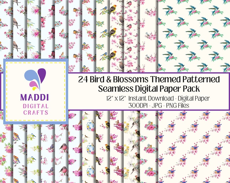 Birds & Flowers Theme Printable Paper Pack Floral Bird Patterned ...