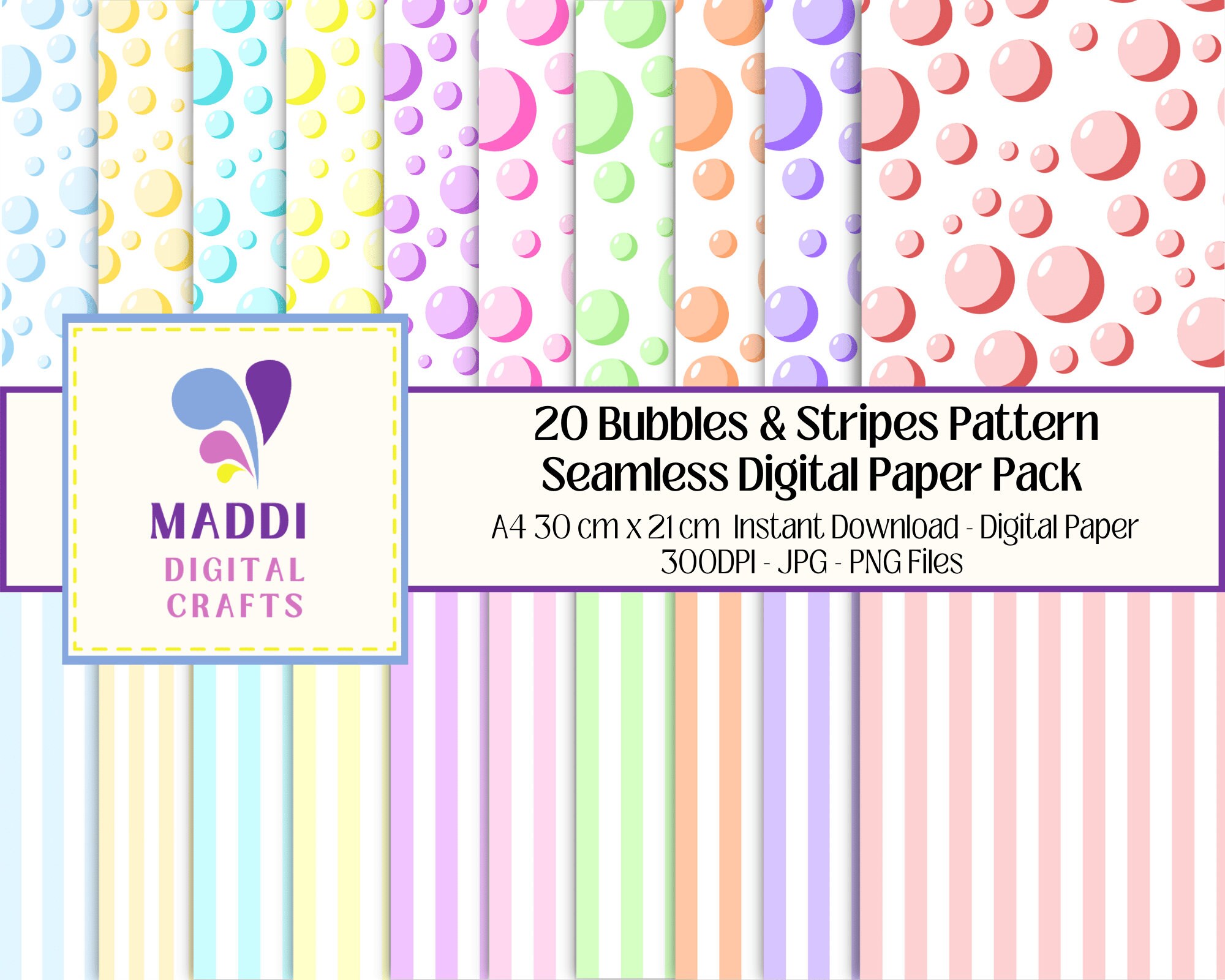 Pastel Bubbles and Stripes Patterned Paper Digital A4 Printable ...