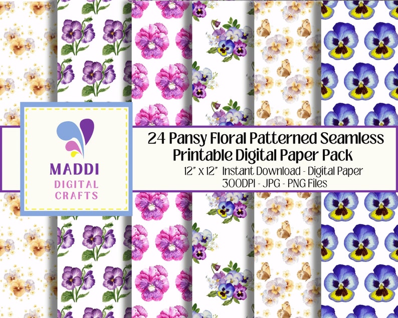 Pansies Floral Seamless Digital Paper 12 X 12 Printable Pansy Flowers ...