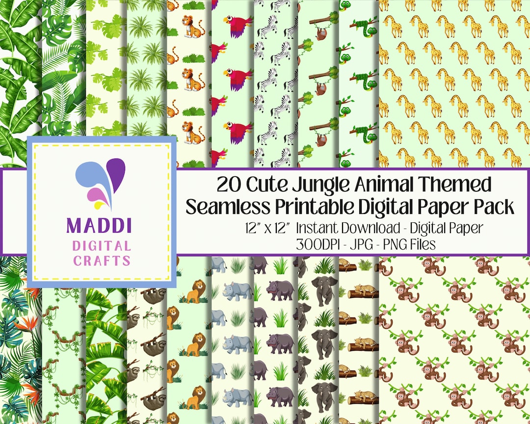 Cute Jungle Animals Themed Seamless Digital Paper 12 X 12 Printable ...