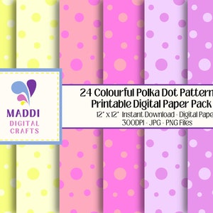 Polka Dots Patterned Printable Paper Colourful Digital Downloadable 12 ...