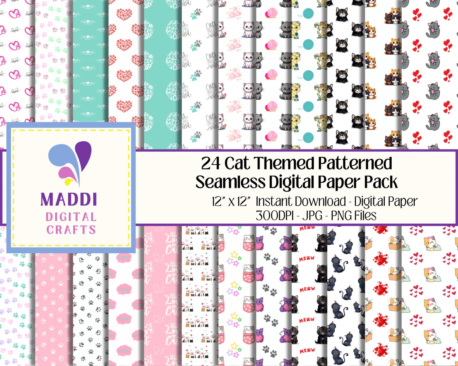 Love Cats Themed Printable Paper Pack Feline Animal Seamless Patterned ...