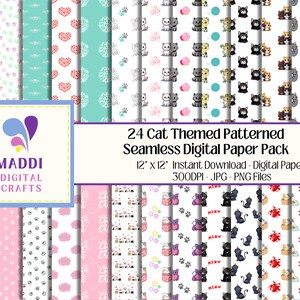 Love Cats Themed Printable Paper Pack Feline Animal Seamless Patterned ...