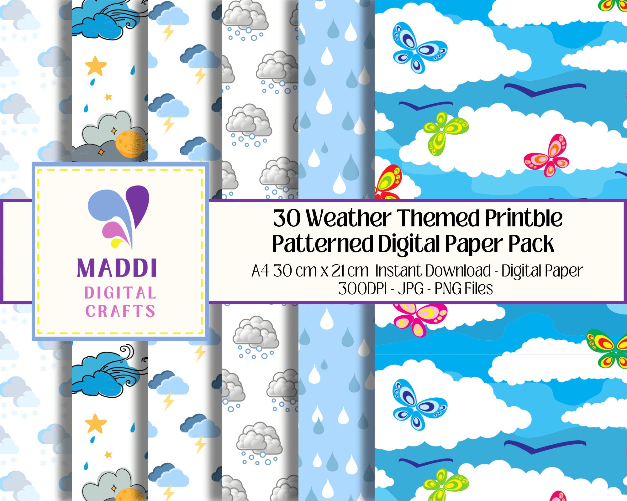 Weather Patterned Digital Paper Patterns Suns Clouds Printable ...
