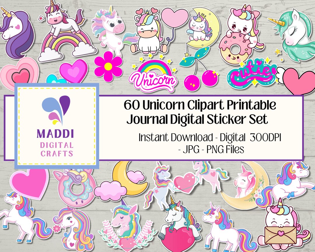 Cute Unicorns Rainbows Themed Printable Stickers 60 Digital Journal ...