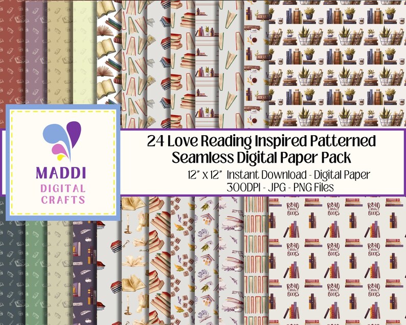 Reading Library Printable Seamless Patterned Digital Paper Books Theme ...