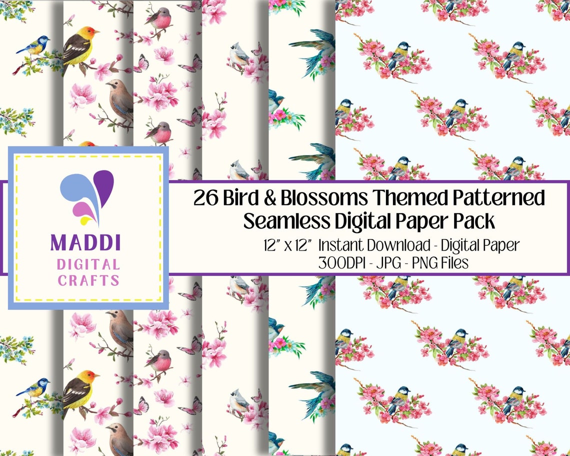 Birds & Flowers Theme Printable Paper Pack Floral Bird Patterned ...
