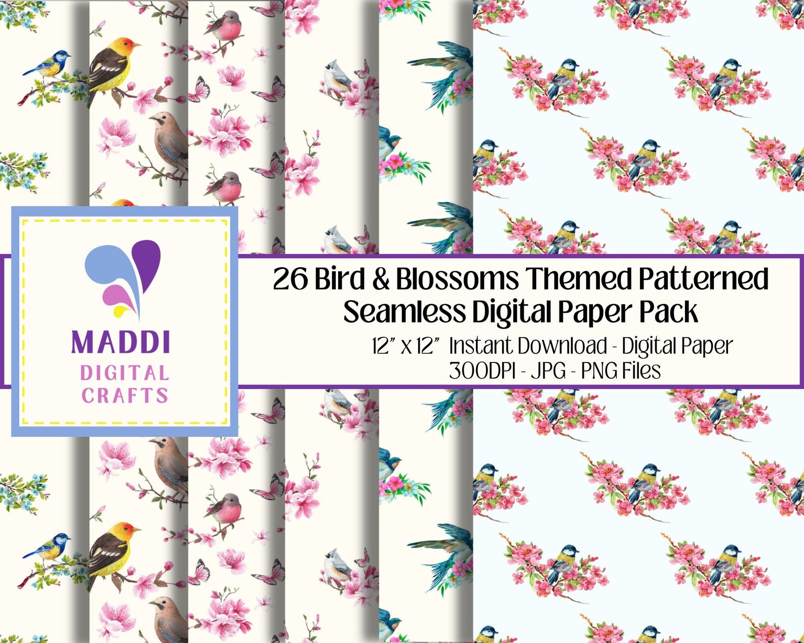 Birds & Flowers Theme Printable Paper Pack Floral Bird Patterned ...