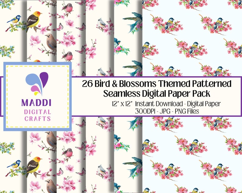 Birds & Flowers Theme Printable Paper Pack Floral Bird Patterned ...