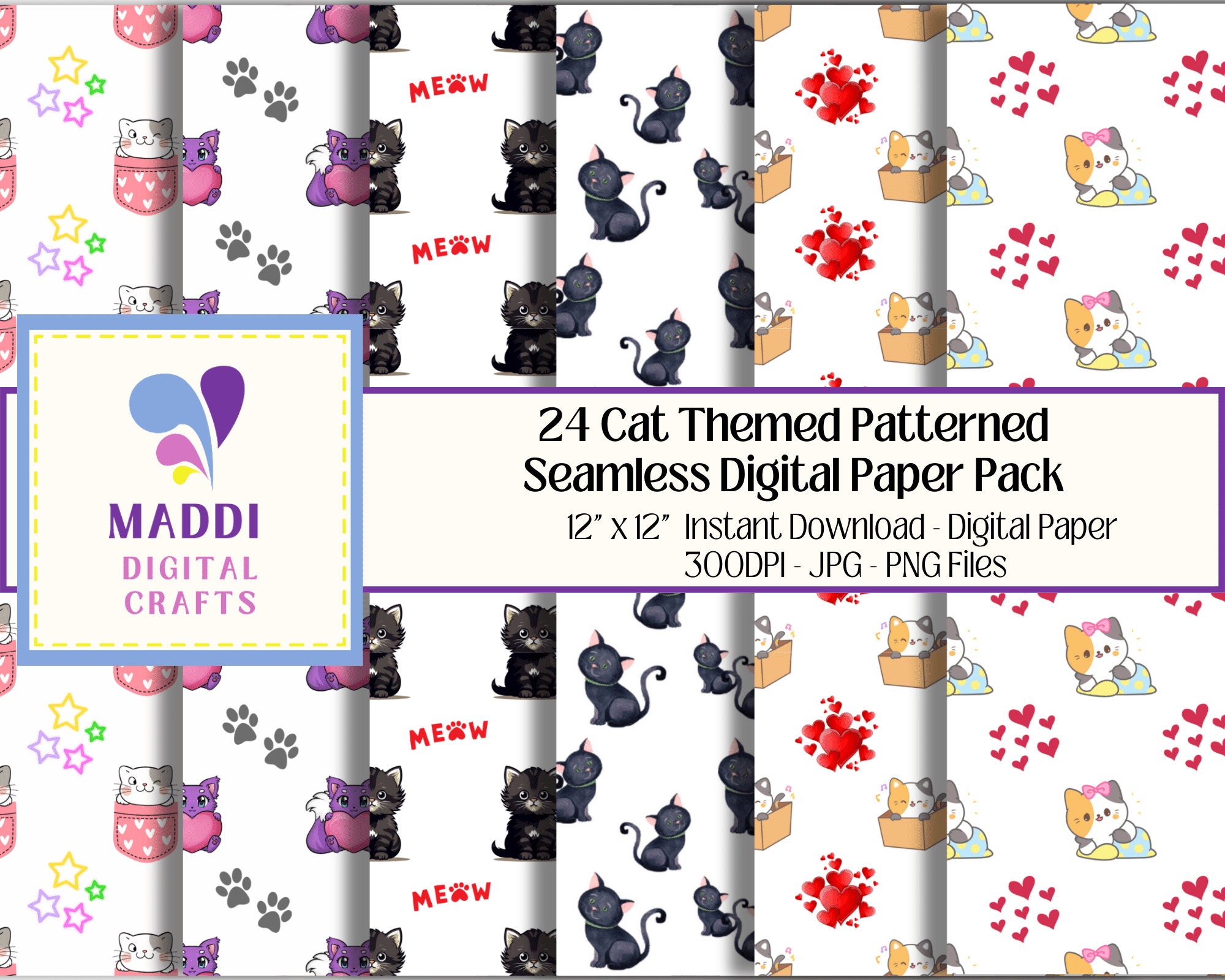 Love Cats Themed Printable Paper Pack Feline Animal Seamless Patterned ...