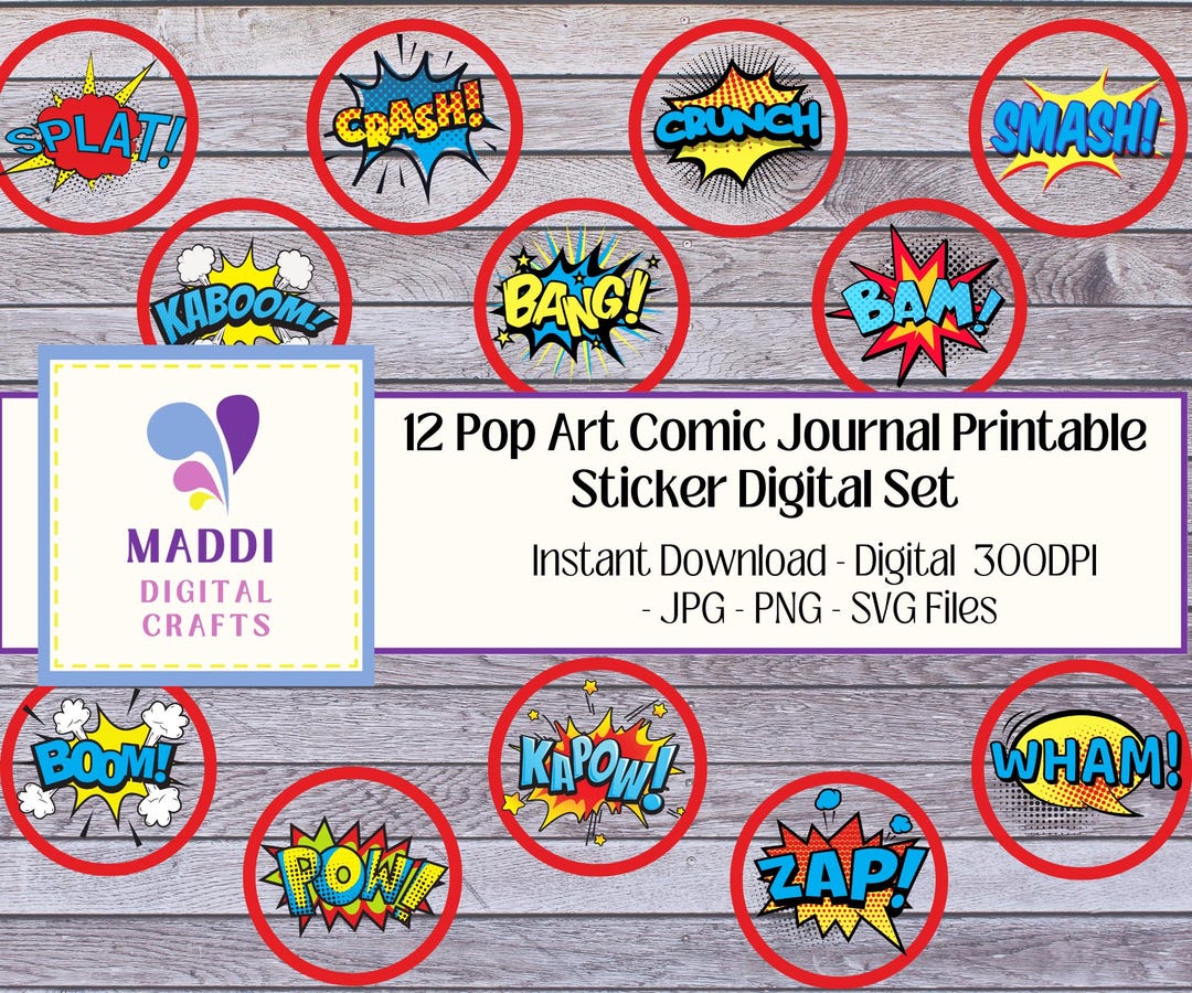 Action Comic Text Printable Journalling Stickers Pop Art Phrases ...