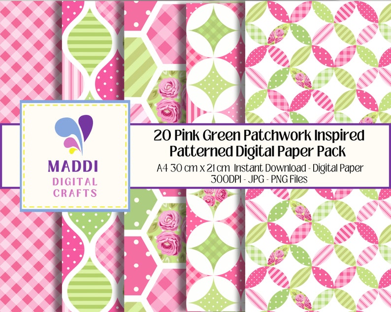 Patchwork Inspired Printable Paper Roses Digital Pink Green ...
