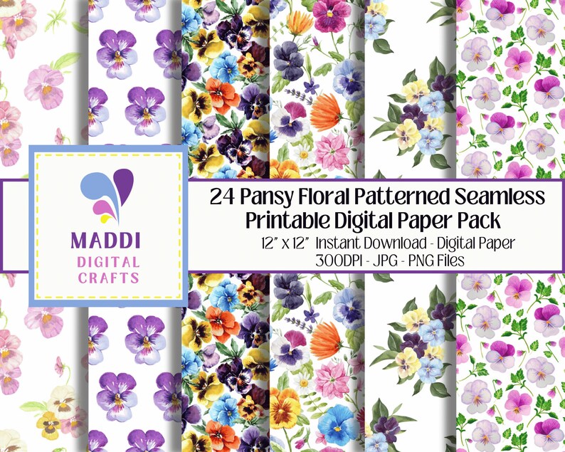 Pansies Floral Seamless Digital Paper 12 X 12 Printable Pansy Flowers ...