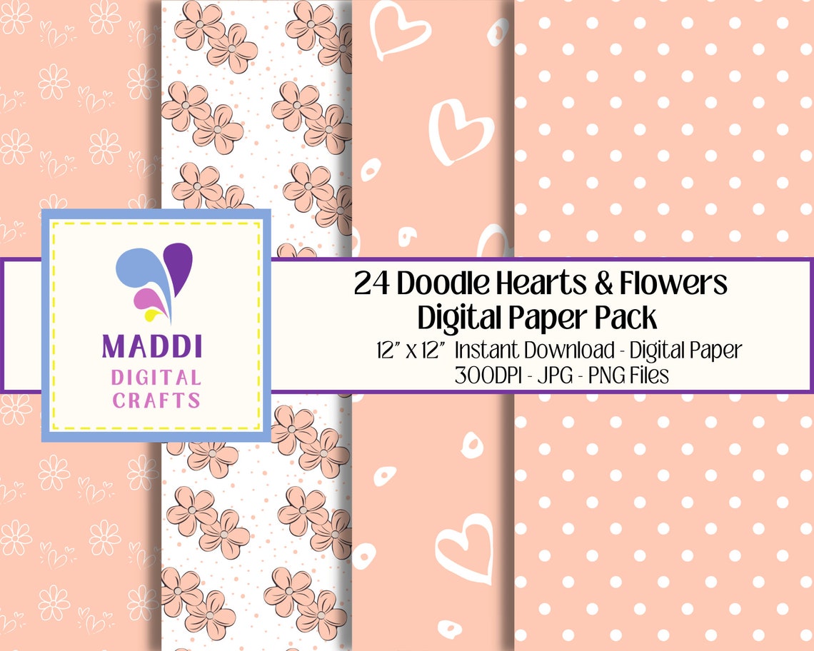 Colourful Doodle Hearts and Flowers 12 X 12 Printable Digital Paper ...