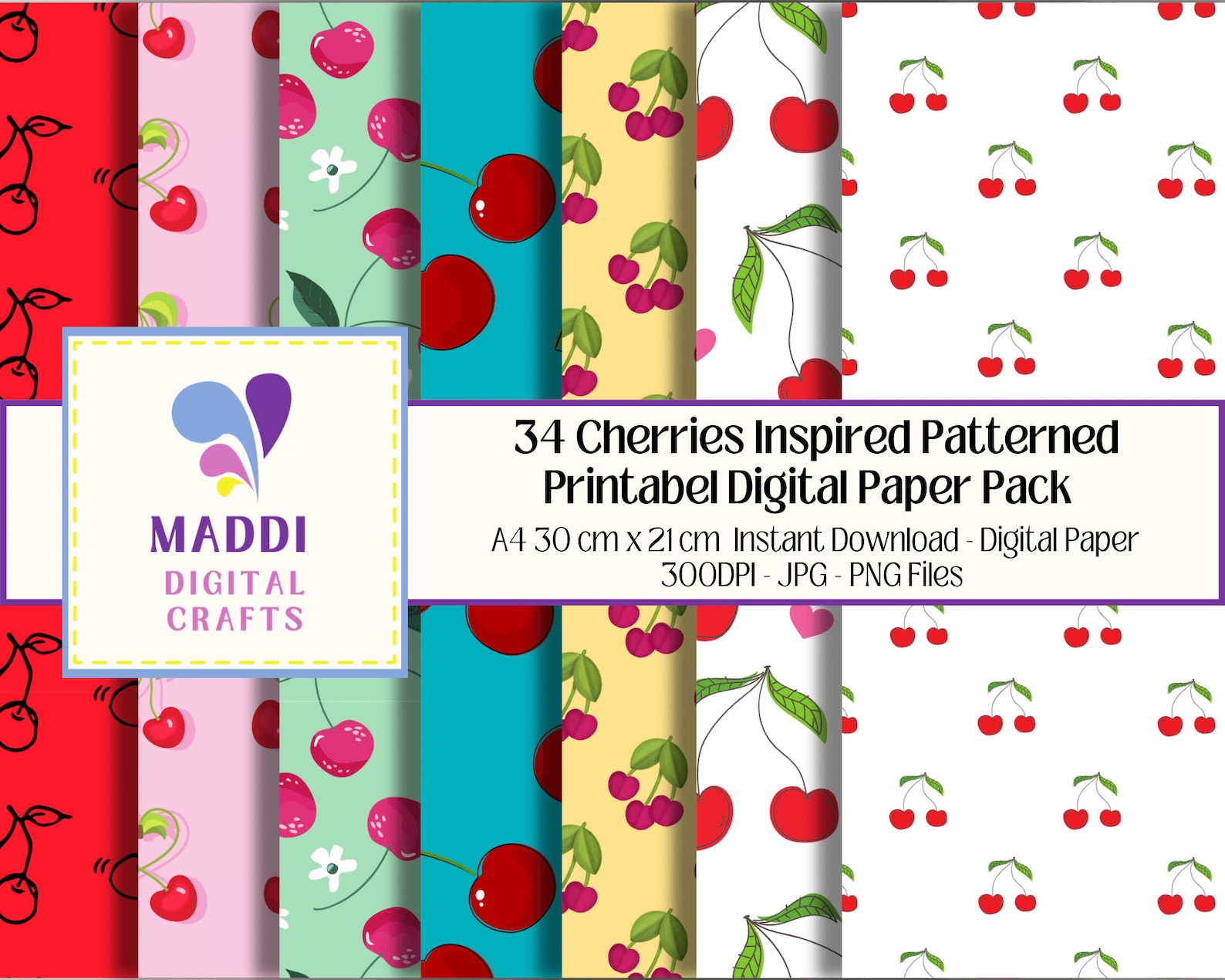 Colourful Cherry Patterned Digital A4 Downloadable Cherries Paper ...