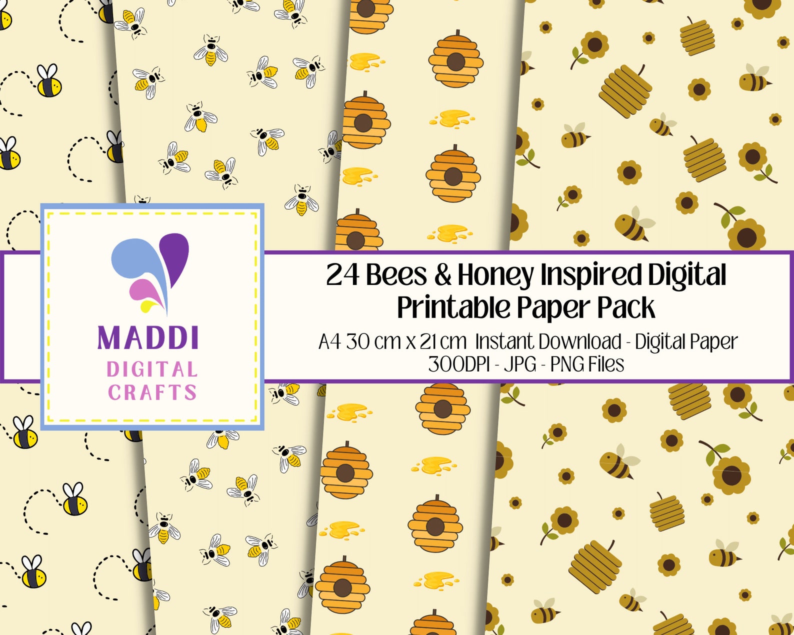 Bees and Honey Patterned Digital A4 Downloadable Paper Printable Card ...