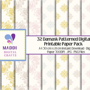 Elegant Damask Vintage Patterned Printable Digital Paper A4 ...