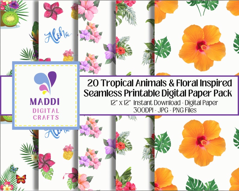 Tropical Floral Themed Seamless Digital Paper 12 X 12 Printable Exotic Animal Flowers Patterned ...