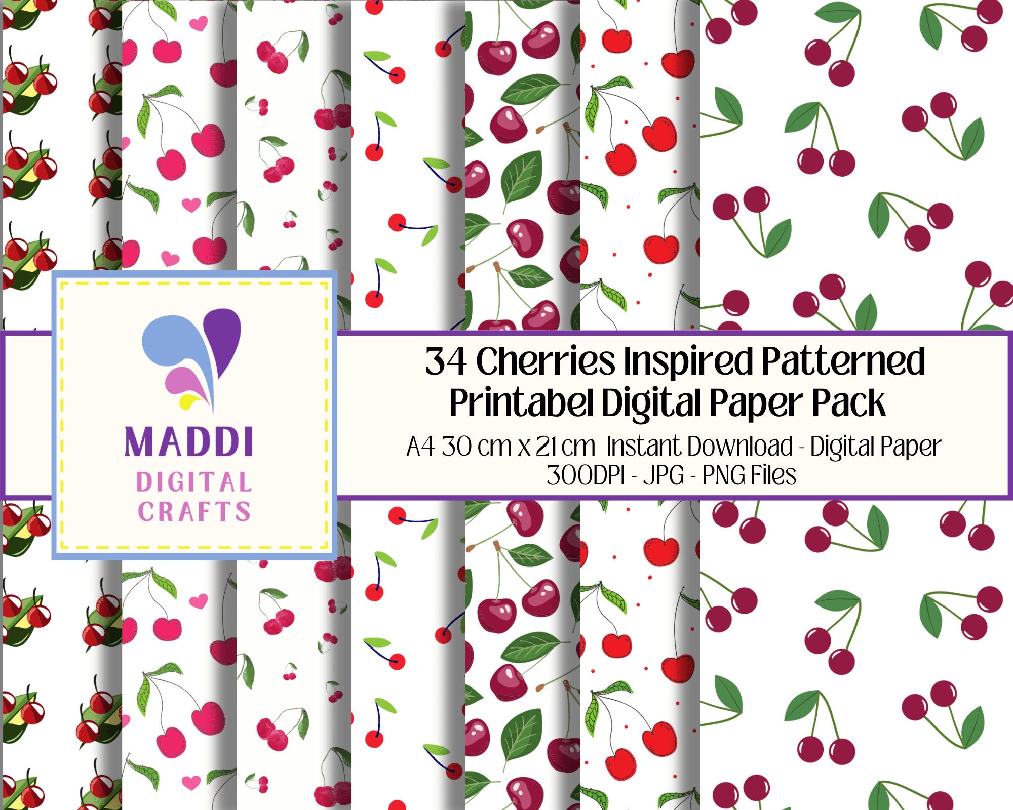 Colourful Cherry Patterned Digital A4 Downloadable Cherries Paper ...