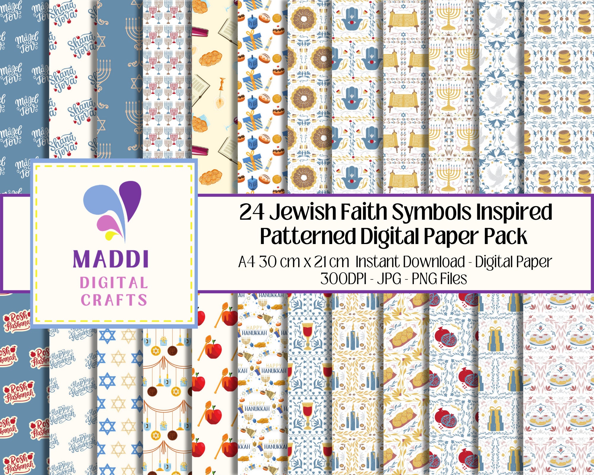 Jewish Faith Inspired Printable Paper Religious Symbols Digital A4 ...