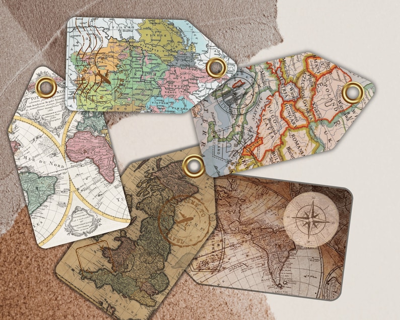 Vintage World Map Scrapbook Tags Printable Junk Journal Labels ...
