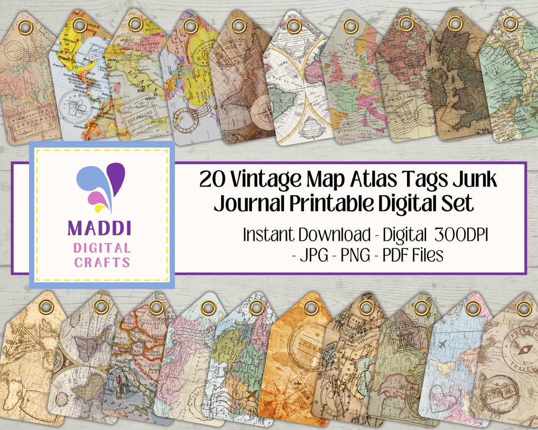 Vintage World Map Scrapbook Tags Printable Junk Journal Labels ...