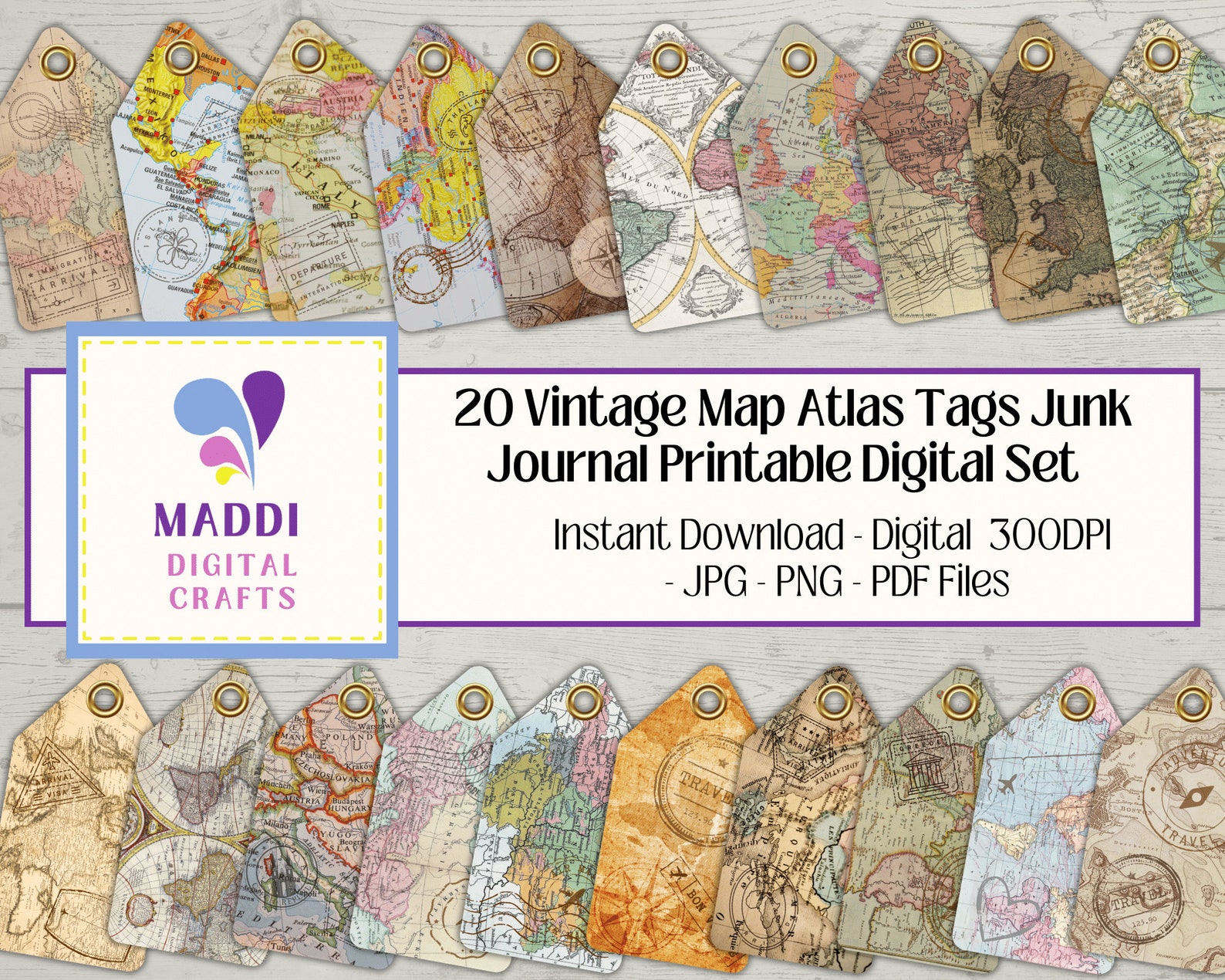 Vintage World Map Scrapbook Tags Printable Junk Journal Labels ...