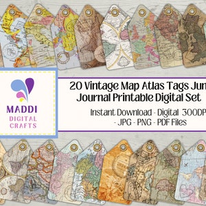 Vintage World Map Scrapbook Tags Printable Junk Journal Labels ...