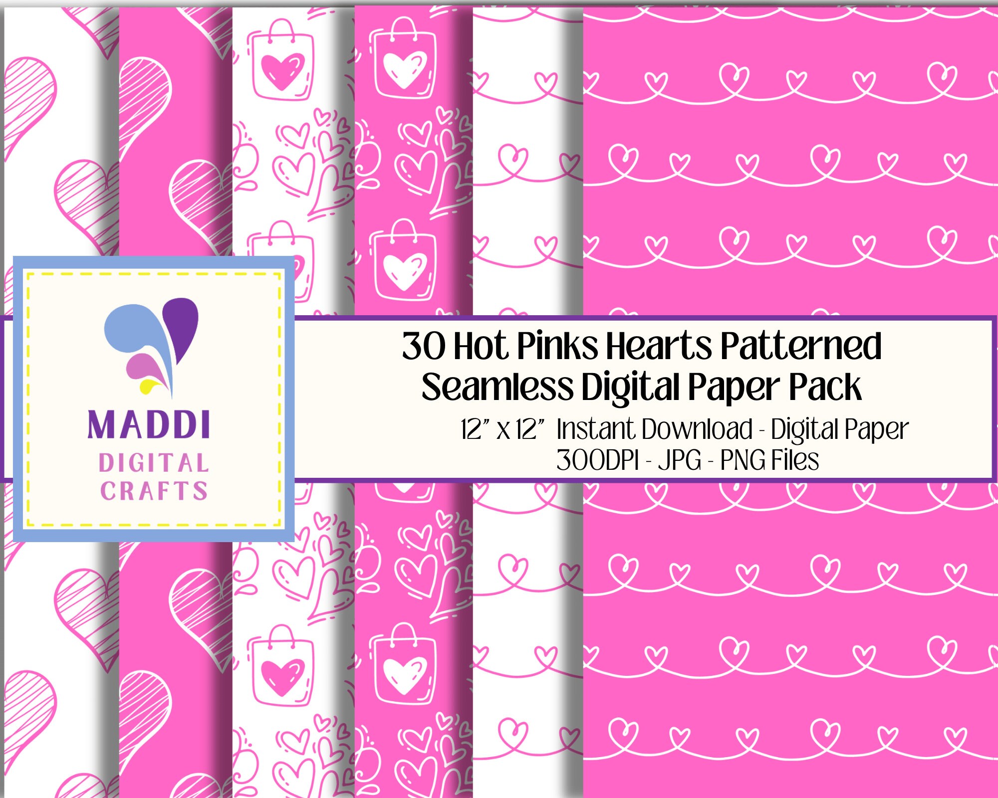 Hot Pink Hearts Printable Patterned Paper Pack Digital Downloadable ...