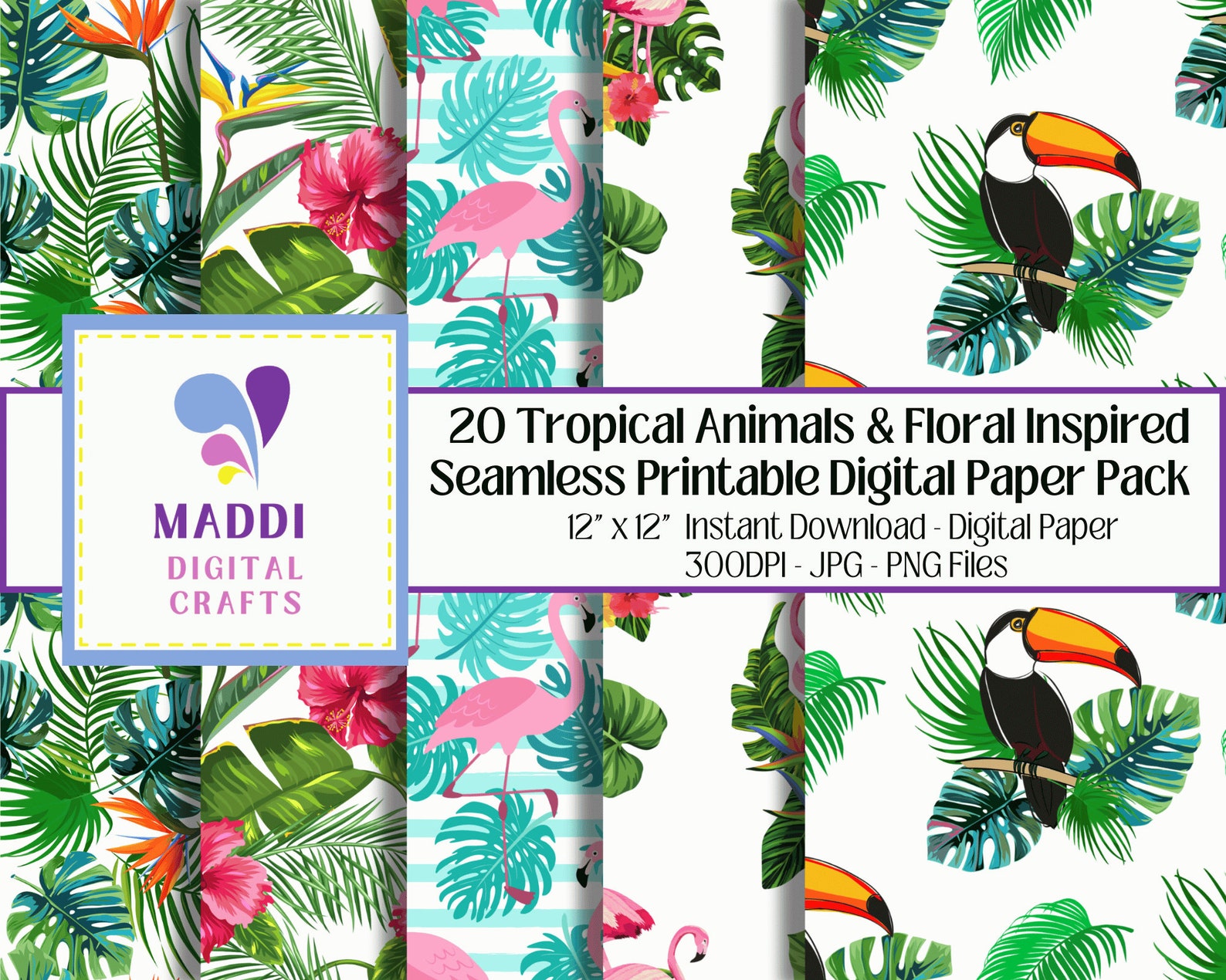 Tropical Floral Themed Seamless Digital Paper 12 X 12 Printable Exotic ...