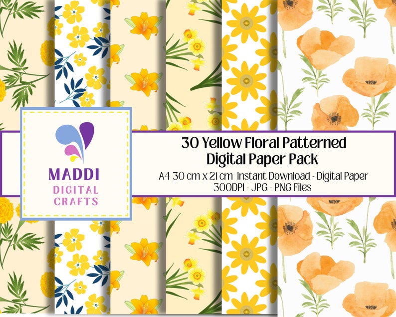 Yellow Flowers Themed Printable Paper Digital A4 Floral Downloadable ...