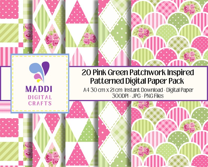 Patchwork Inspired Printable Paper Roses Digital A4 Pink Green ...
