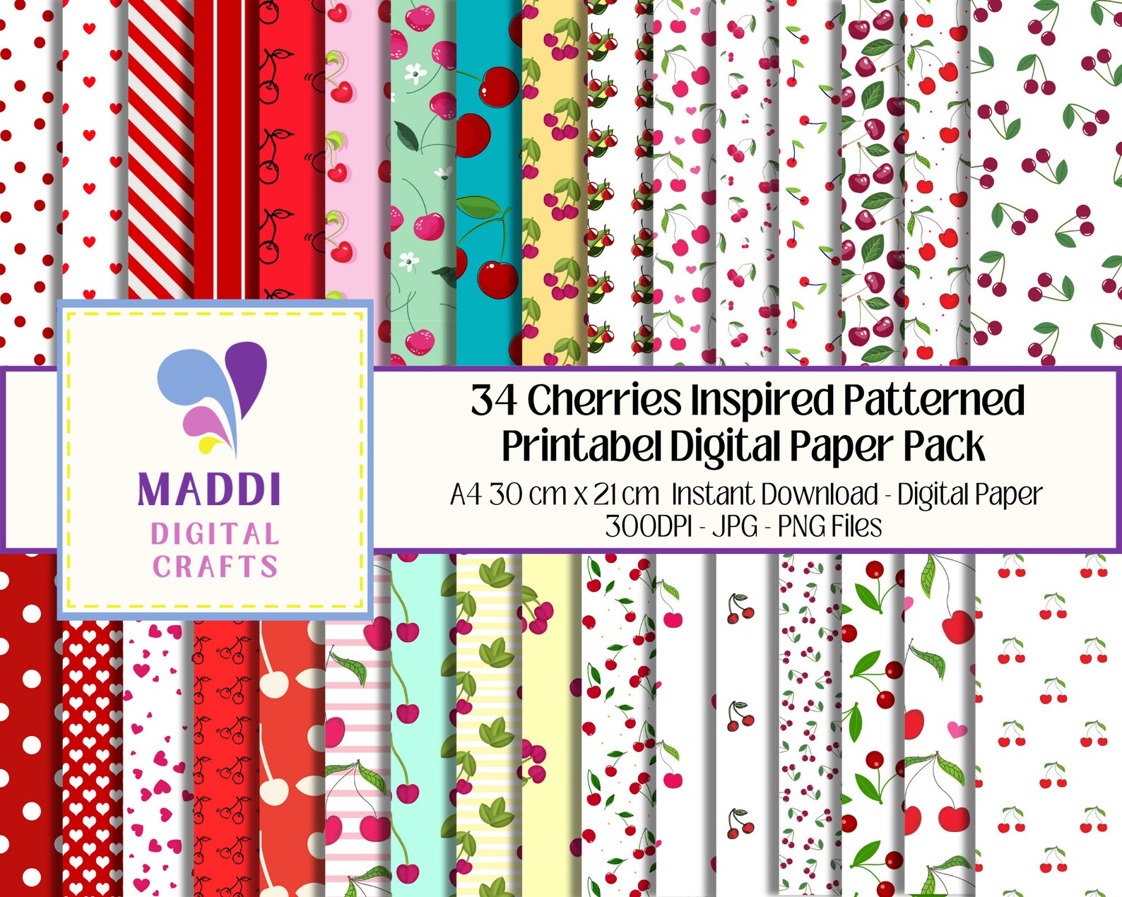 Colourful Cherry Patterned Digital A4 Downloadable Cherries Paper ...