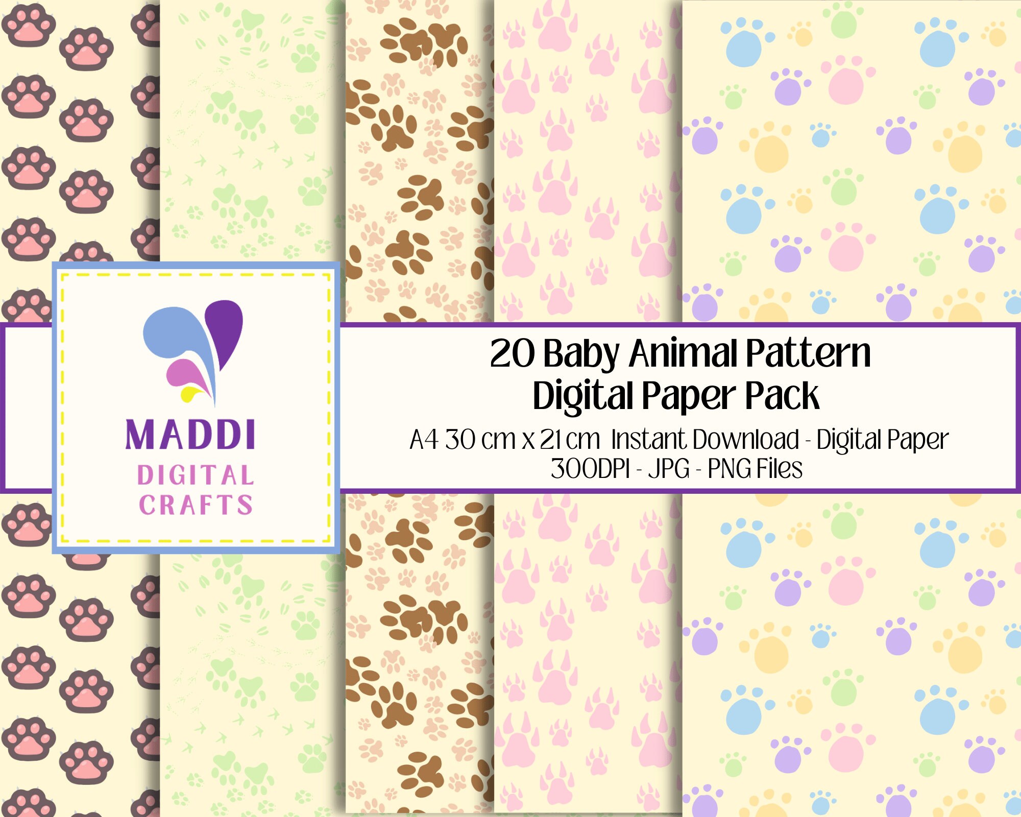 Baby Animals Patterned Digital A4 Downloadable Paper Animal Patterns ...