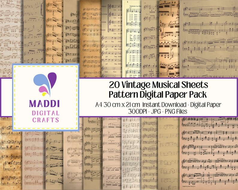 Vintage Music Sheets Digital A4 Downloadable Paper Musical Graphic ...