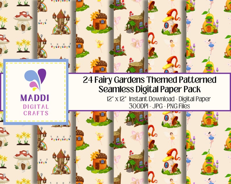 Fairy Gardens Themed Printable Seamless Paper 12 X 12 Fairytale Houses ...