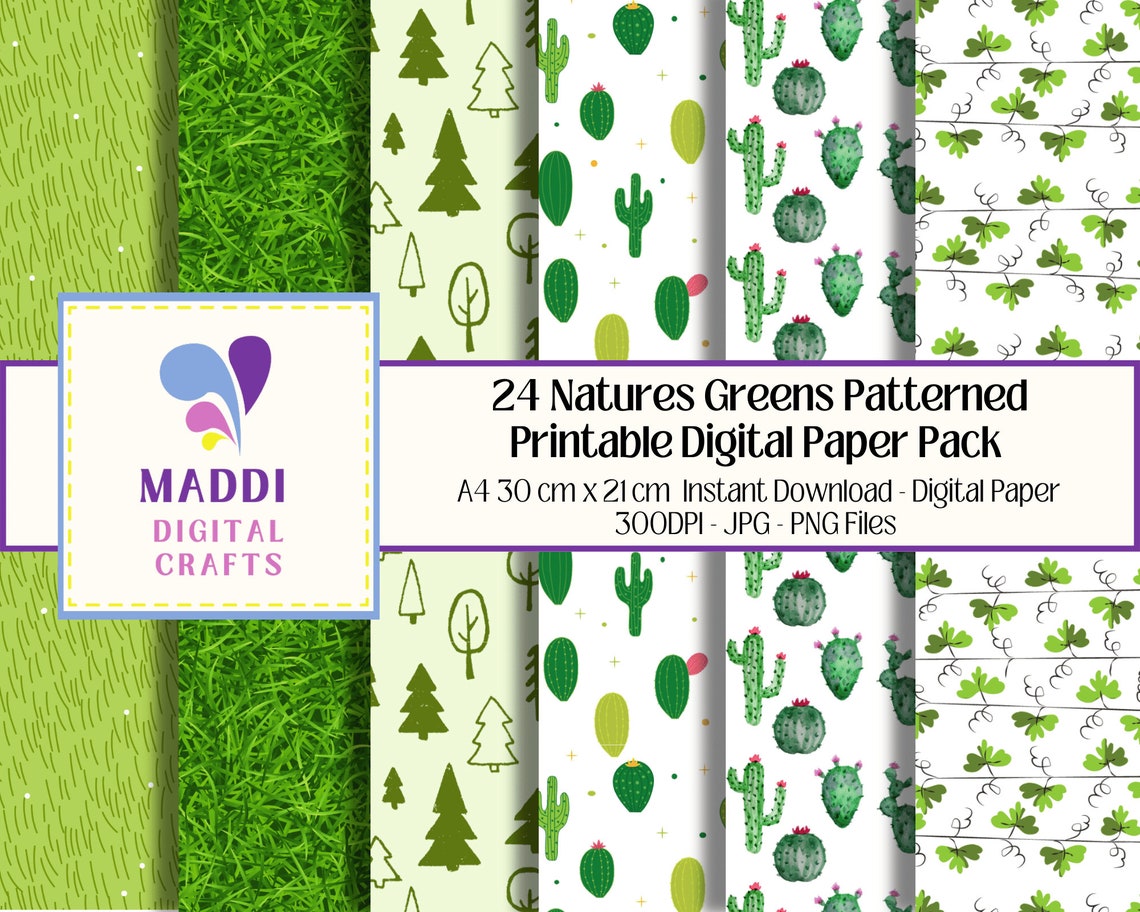 Natures Greens Foliage Digital Paper A4 Downloadable Leaf Patterned ...