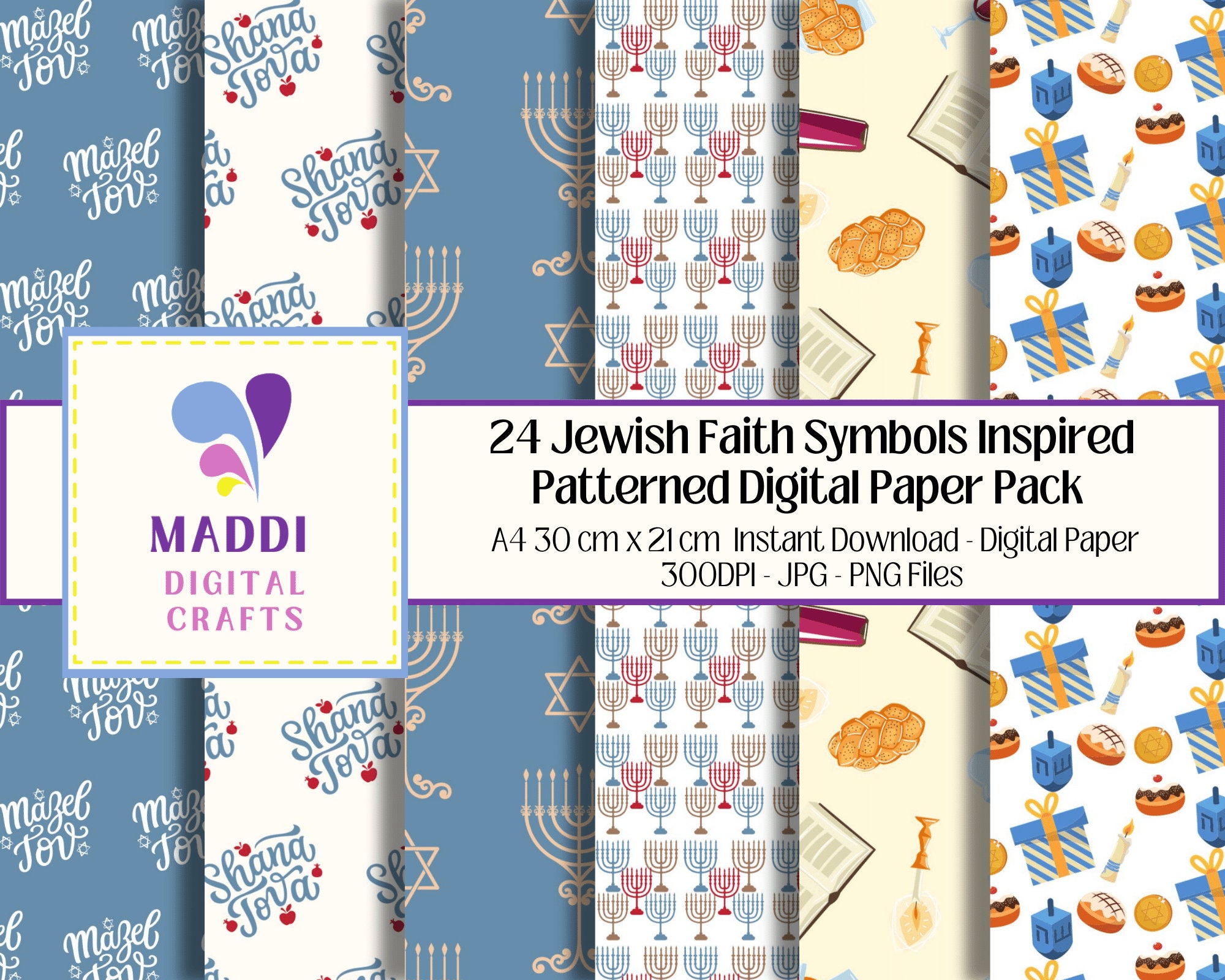 Jewish Faith Inspired Printable Paper Religious Symbols Digital A4 ...