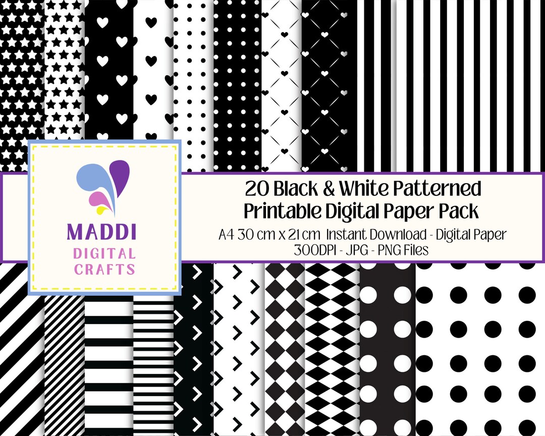 Black and White Patterned Digital Paper A4 Downloadable Scrapbooking ...