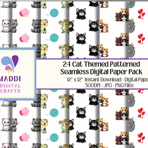 Love Cats Themed Printable Paper Pack Feline Animal Seamless Patterned ...