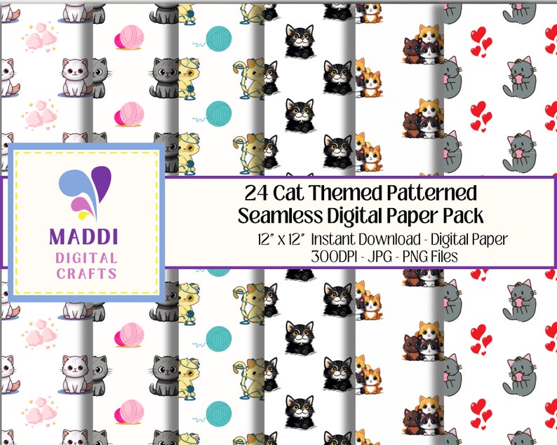 Love Cats Themed Printable Paper Pack Feline Animal Seamless Patterned ...